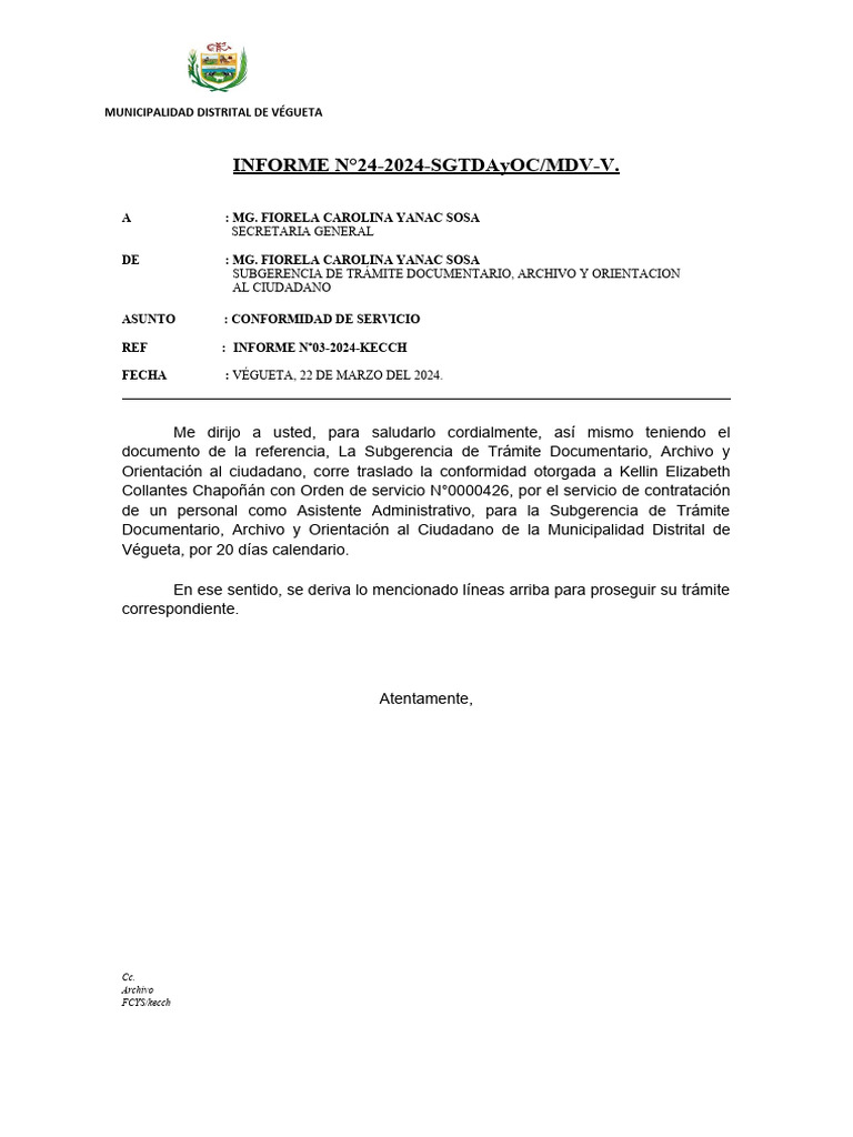 INFORME N°24-2024-SGTDAyOC-MDV-V - CONFORMIDAD - k-MARZO | PDF