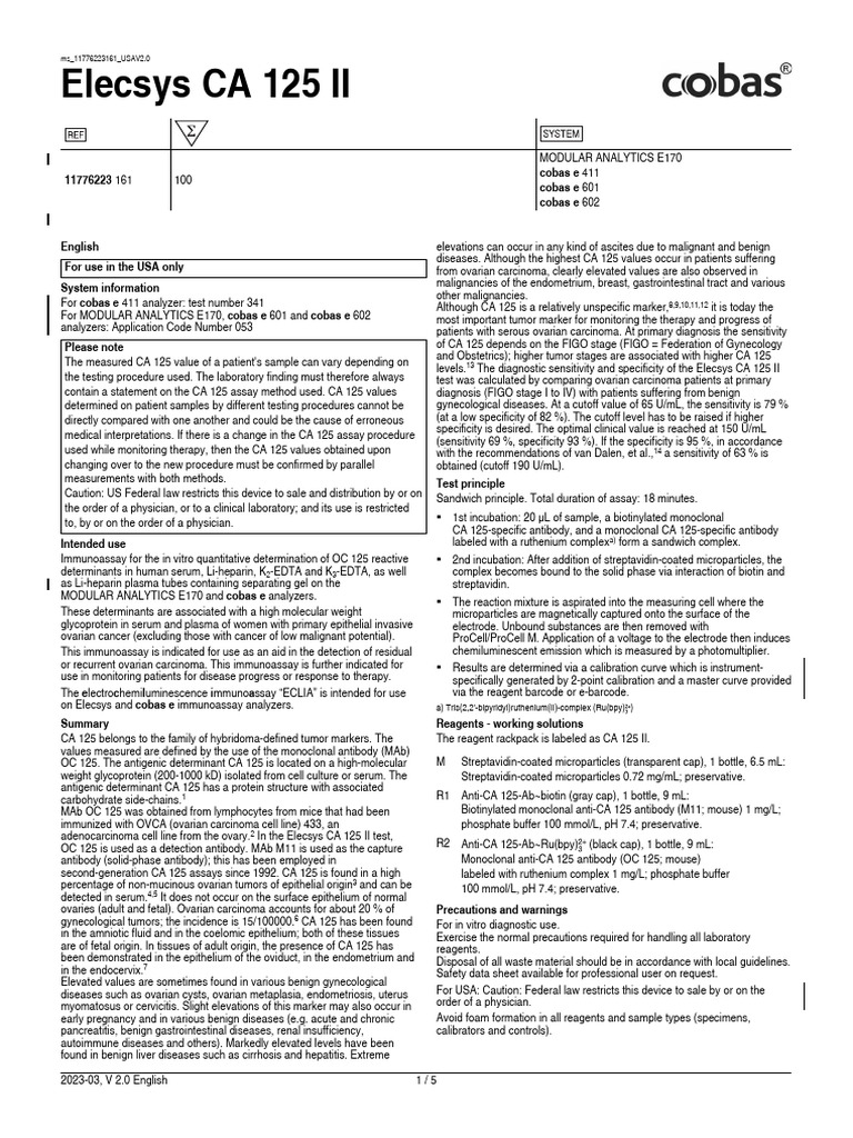 Elecsys CA 125 II Assay Overview | PDF | Detection Limit | Ovarian Cancer