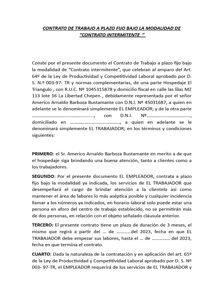 Contrato de Trabajo A Plazo Fijo Bajo La Modalidad de | PDF | Derecho