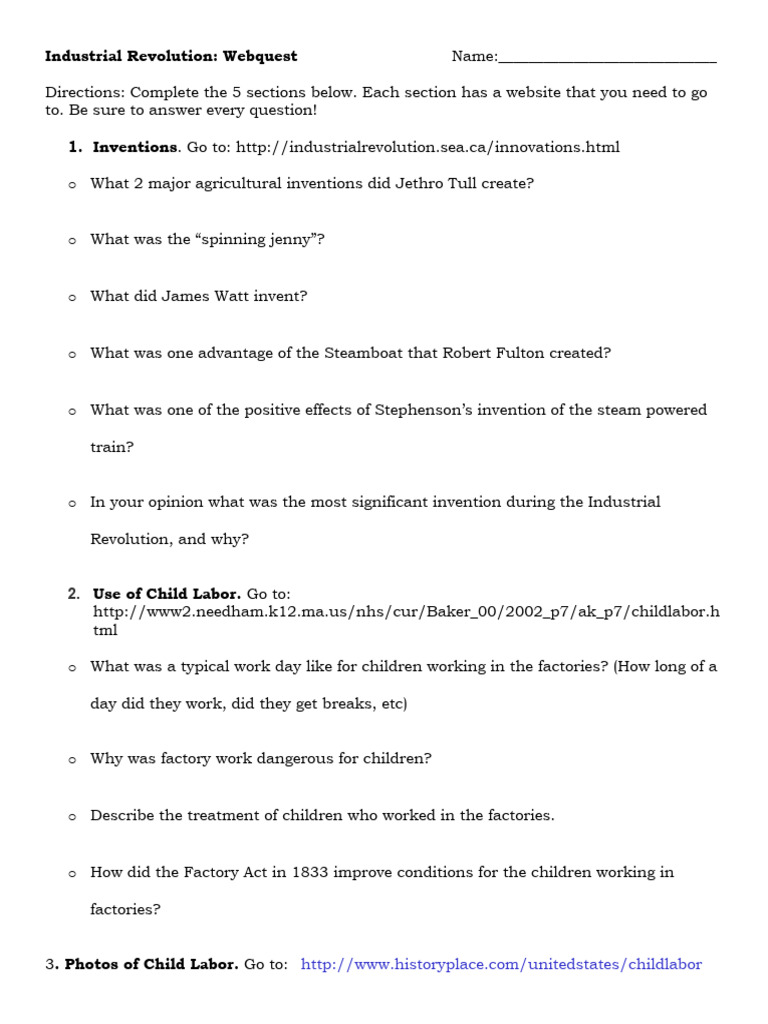 Industrial Revolution Webquest | PDF | Industrial Revolution | Textile ...