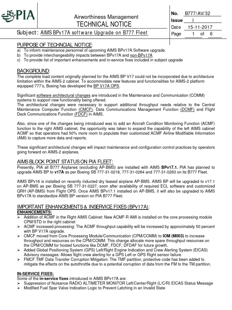 AIMS BPv17A Software Upgrade-1 | PDF | Aviation | Aircraft