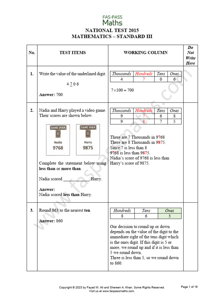 National Test Maths STD 3 2015 Past Paper Solutions | PDF