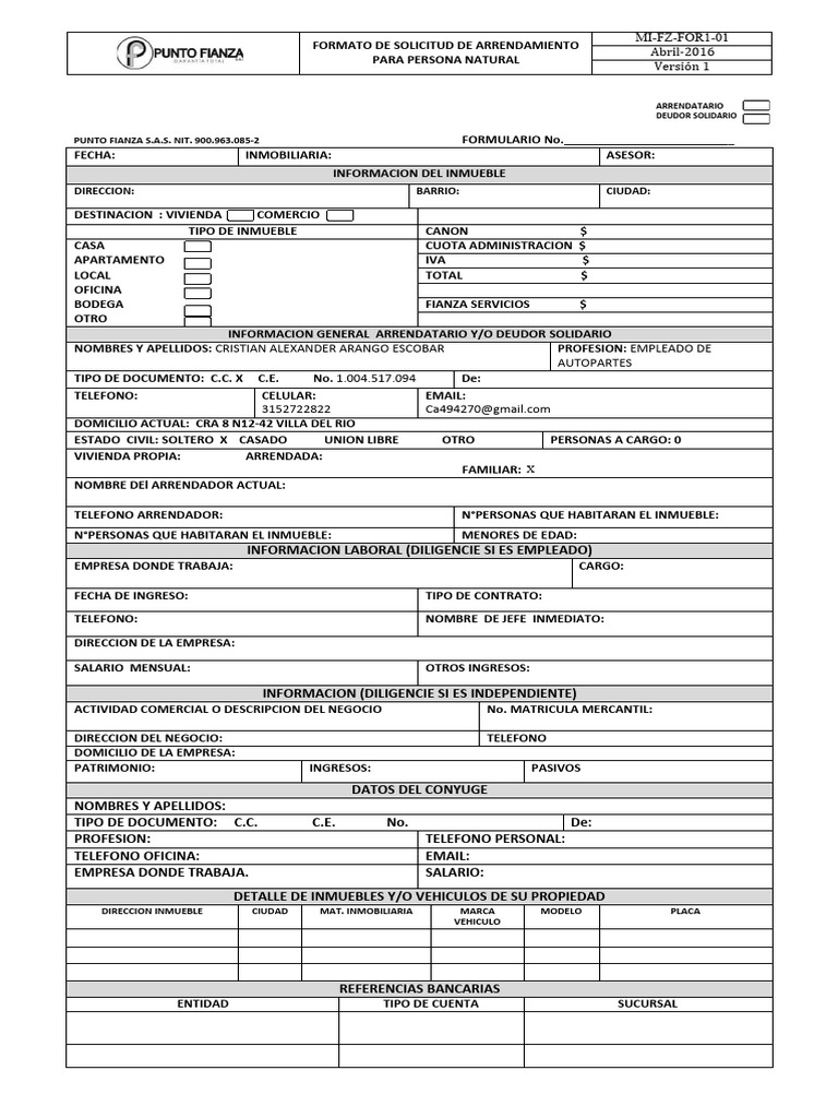 Formulario Solicitud de Arrendamiento 2 4 | Descargar gratis PDF | Documento de identidad ...