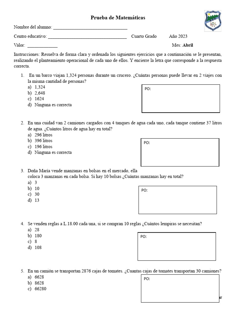 Abril - Prueba de Matemáticas 4TO GRADO | PDF