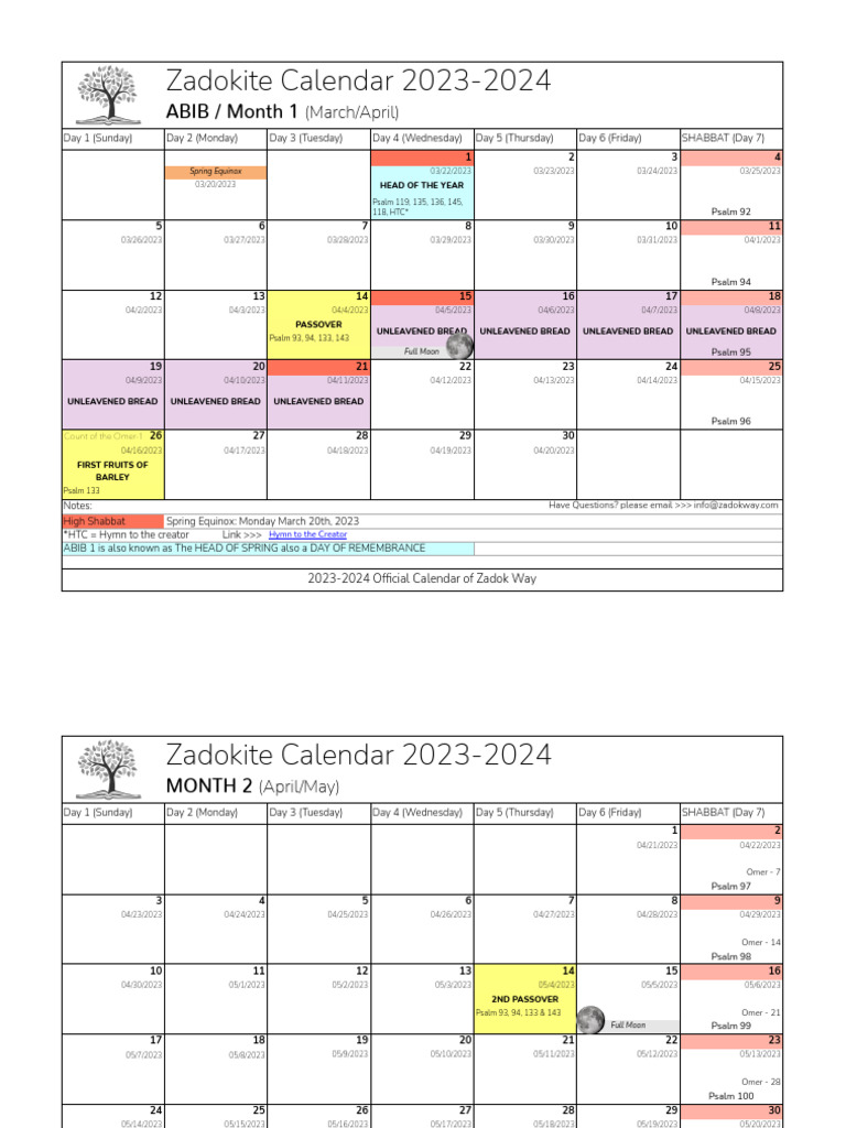 Zadok Way Calendar 2023 2024 | PDF | High Holy Days | Rosh Hashanah
