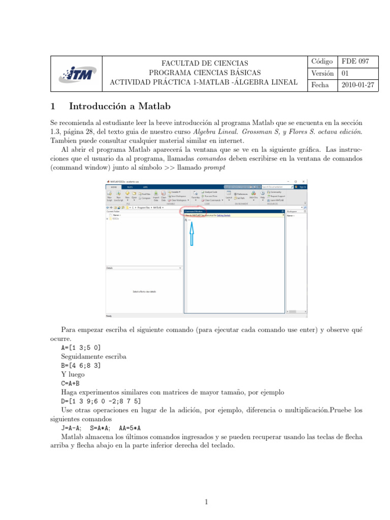 Actividad Práctica 1 Matlab | PDF | Matriz (Matemáticas) | Informática