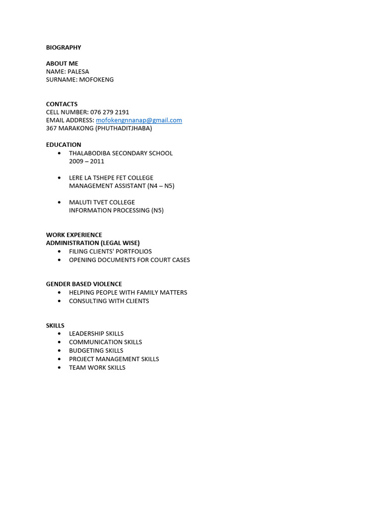 Biography of Palesa Mofokeng | PDF | Business | Wellness