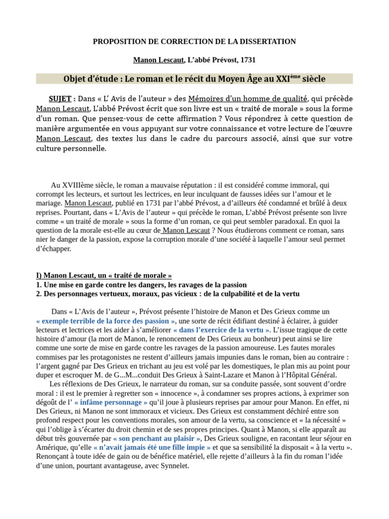 Correction Dissert Manon Lescaut | PDF | Social Science | Mystery, Thriller & Crime Fiction