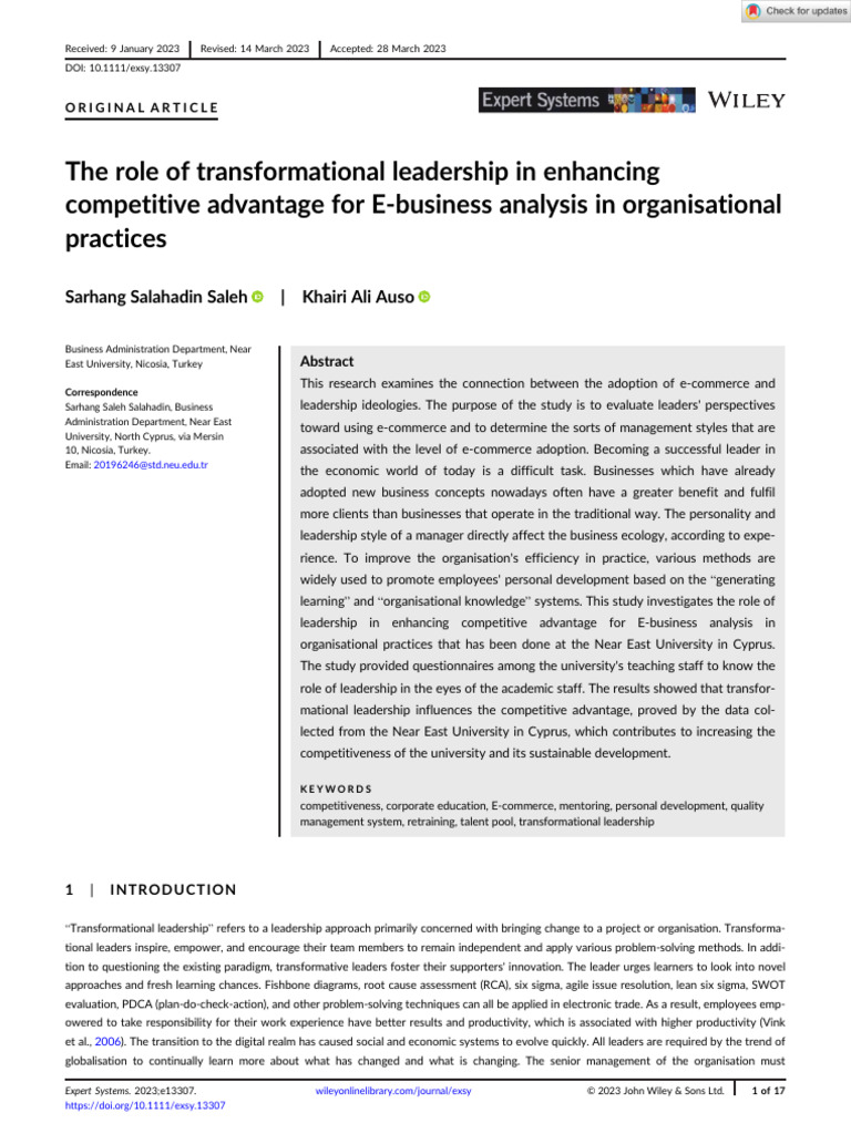Expert Systems - 2023 - Saleh - The Role of Transformational Leadership ...