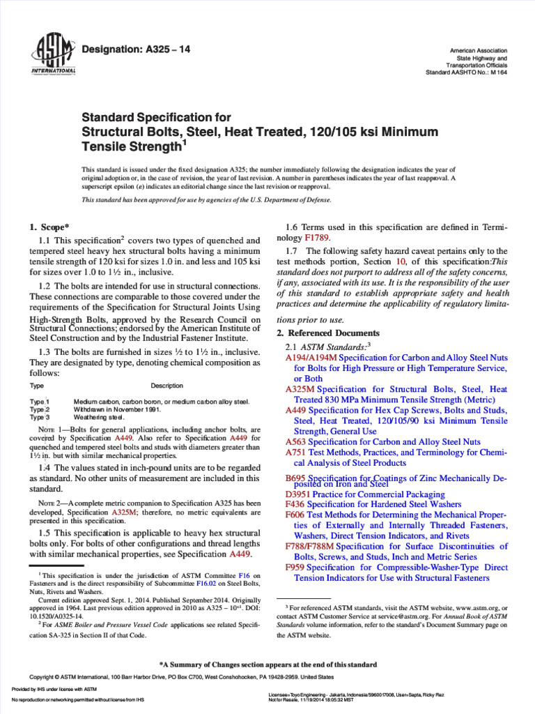 A325 Specification for Structural Bolts | PDF | Screw | Steel