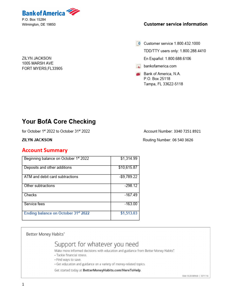 Zilyn Jackson BOA Statement Oct | Download Free PDF | Deposit Account ...