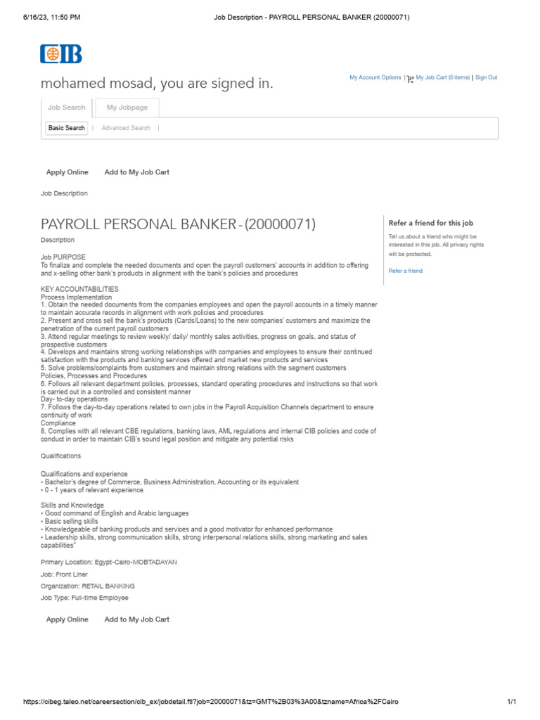 Payroll Personal Banker | PDF | Banks | Sales