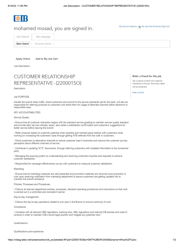 Customer Relationship Representative Role | PDF | Banks | Regulatory ...