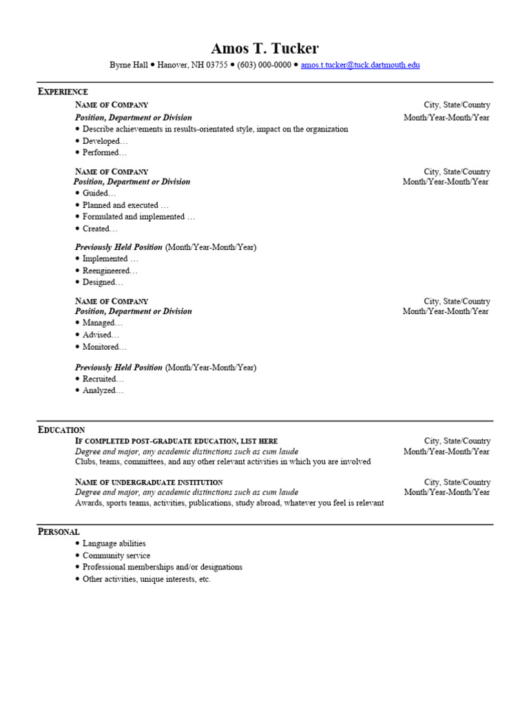 Tuck Resume Template | PDF