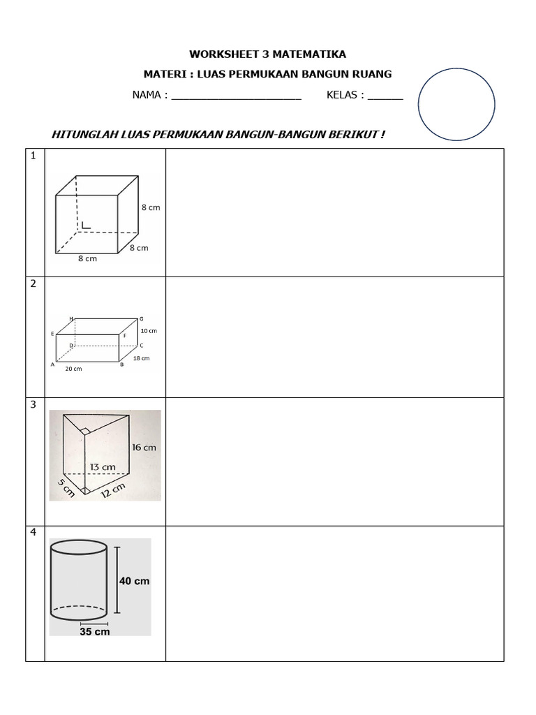 Worksheet 3 Matematika Bangun Ruang - Luas Permukaan | PDF
