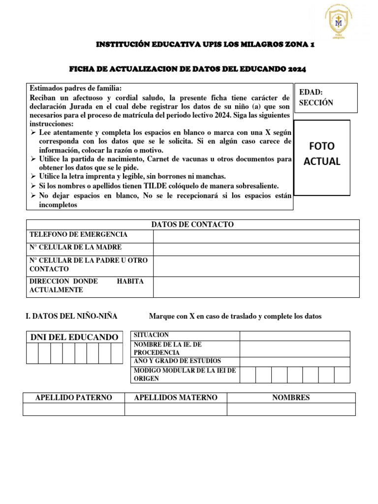 Ficha de Actualizacion de Datos Del Educando 2024 | PDF