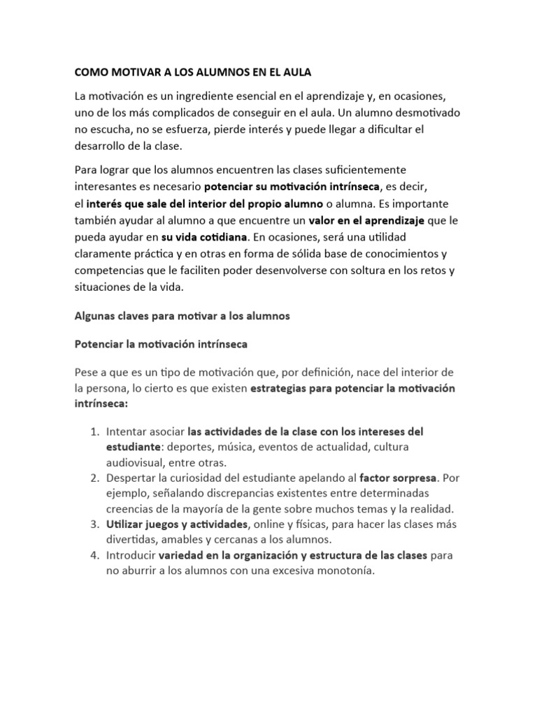 Como Motivar A Los Alumnos en El Aula | PDF | Aprendizaje | Motivación