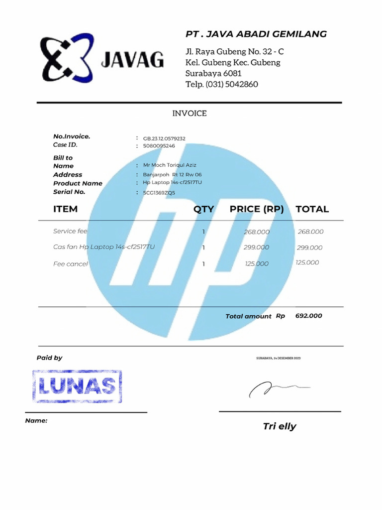 Service Invoice Pt. Java Abadi Gemilang | PDF