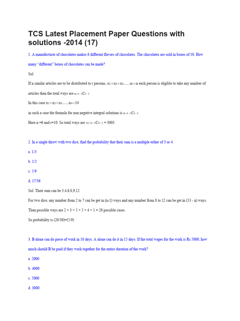 TCS Latest Placement Paper Questions With Solutions - 2014 | PDF ...