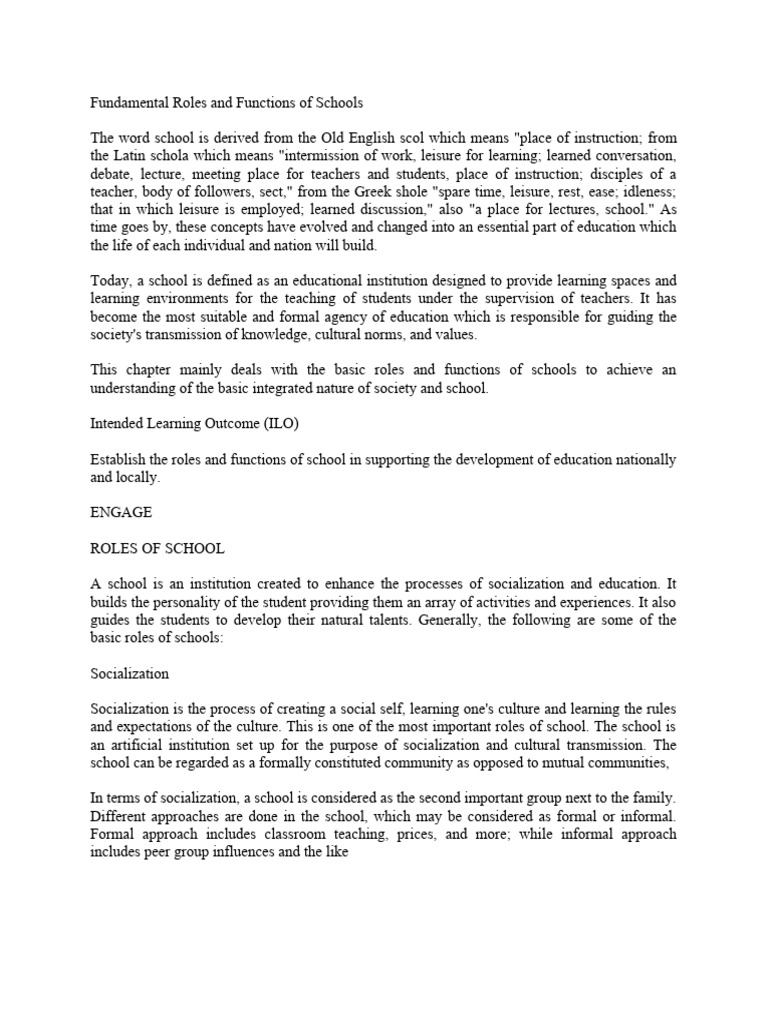 Fundamental Roles and Functions of Schools | PDF | Socialization ...