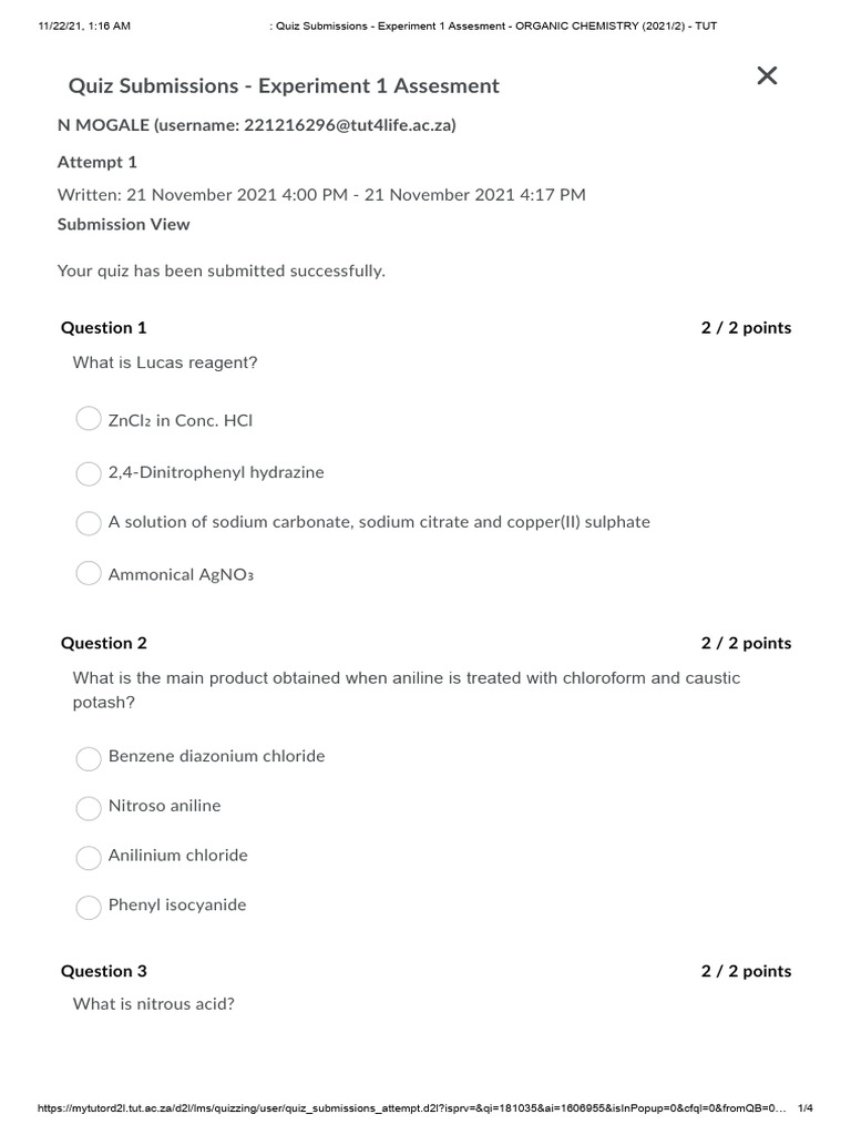 Quiz Submissions - Experiment 1 Assesment - ORGANIC CHEMISTRY (2021 - 2 ...