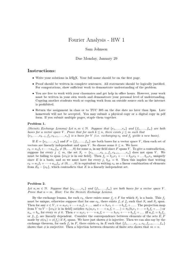 Fourier Analysis Homework Guide | PDF | Basis (Linear Algebra ...