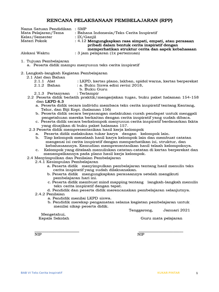 RPP Bindo 9 Bab 6 Cerita Inspiratif, Pertemuan 3 | PDF | Seni & Disiplin Bahasa