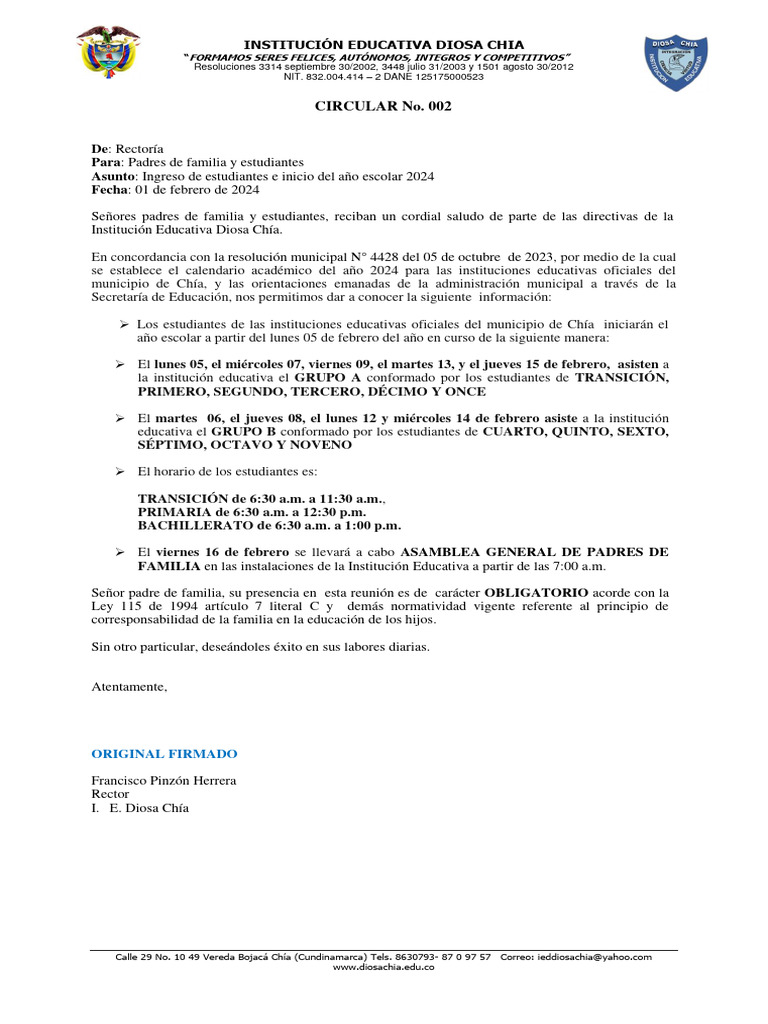 Circular #002 A Padres - Febrero 01 de 2024 | PDF