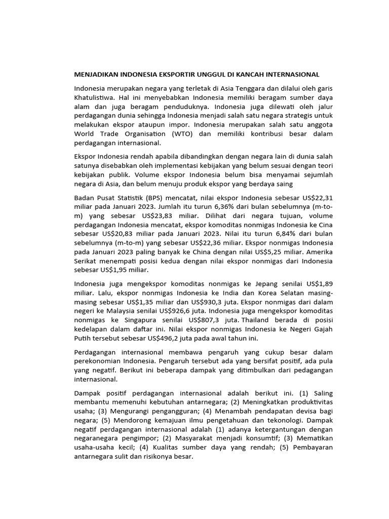 Menjadikan Indonesia Eksportir Unggul Di Kancah Internasional | PDF