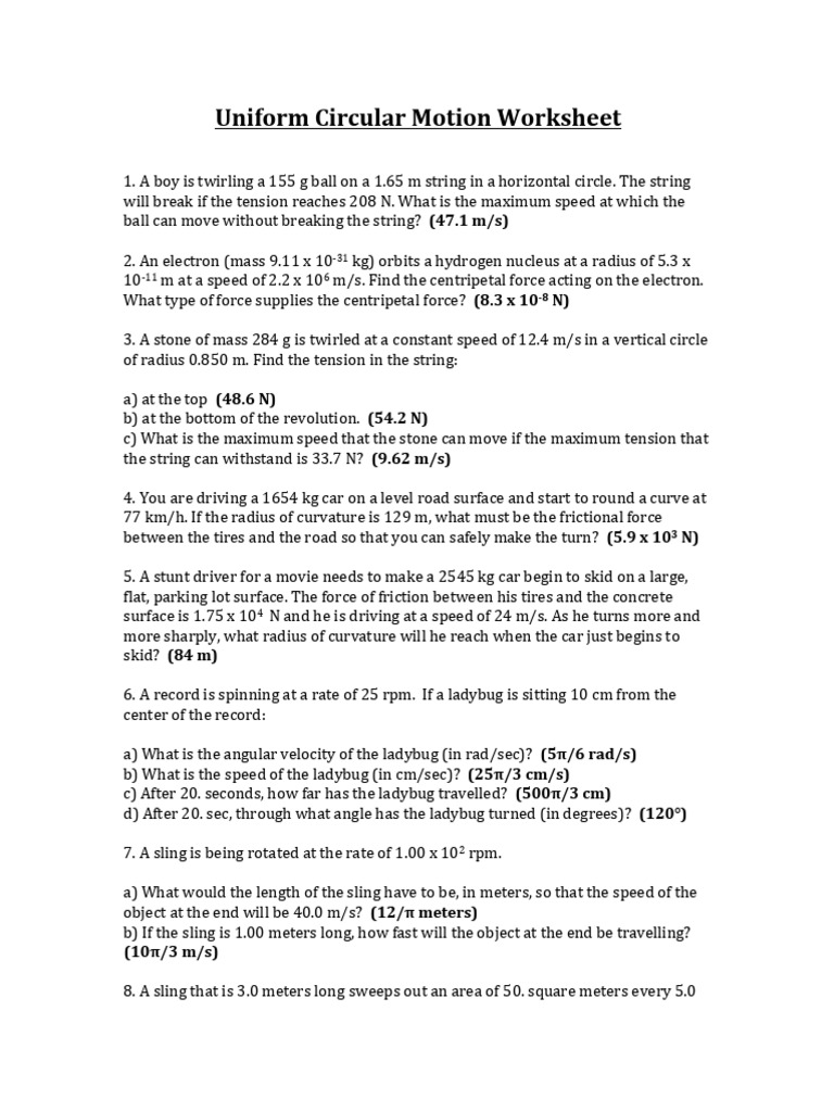 1.9b Uniform Circular Motion Worksheet | PDF | Force | Rotation