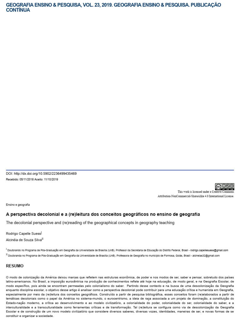 A Perspectiva Decolonial e A (Re) Leitura Dos Conceitos Geográficos No ...