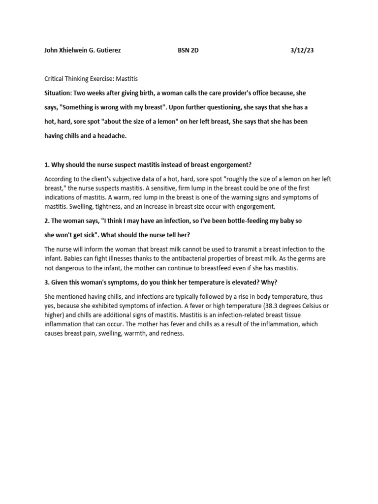 Critical Thinking Exercise Mastitis Gutierez | PDF