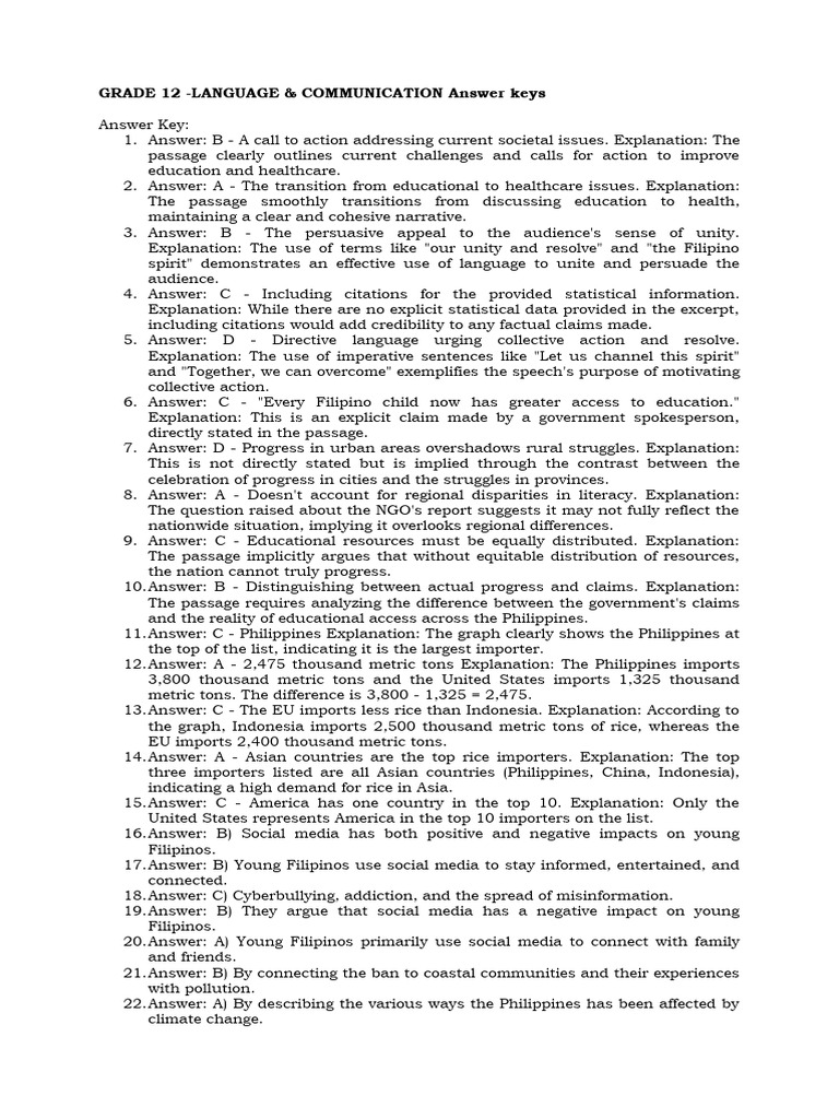 G12 LANGUAGE & COMMUNICATION Answer Keys | PDF