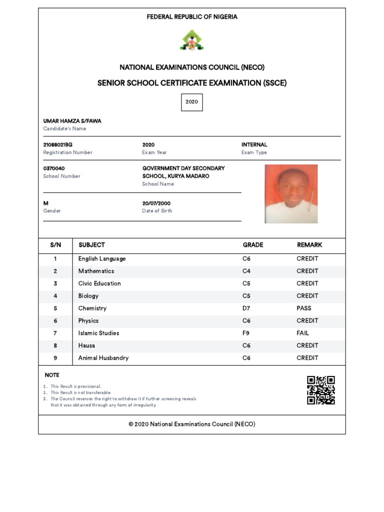 NECO 2020 SSCE Result for Umar Hamza | PDF