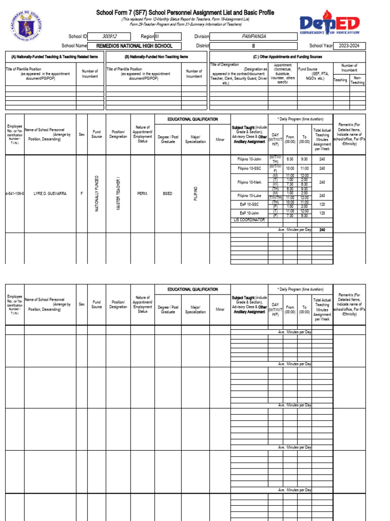 School Form 7 Sf7 Orlando e Sibug JR | PDF | Teachers | Employment