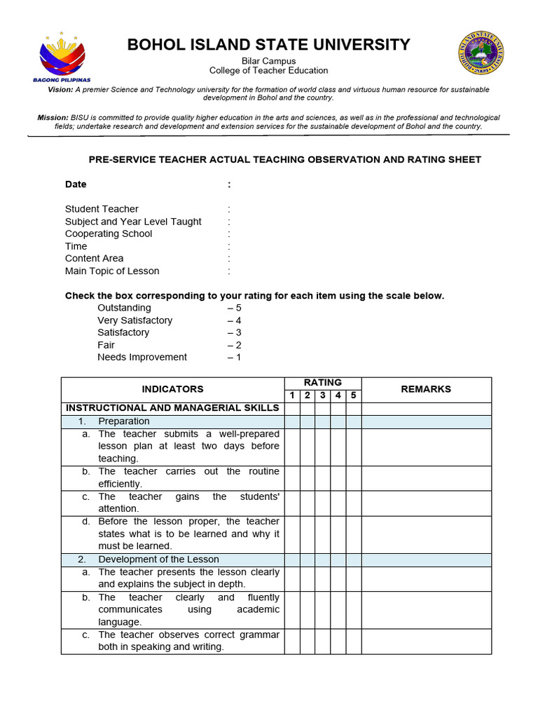 Teacher Observation Rating Sheet | PDF