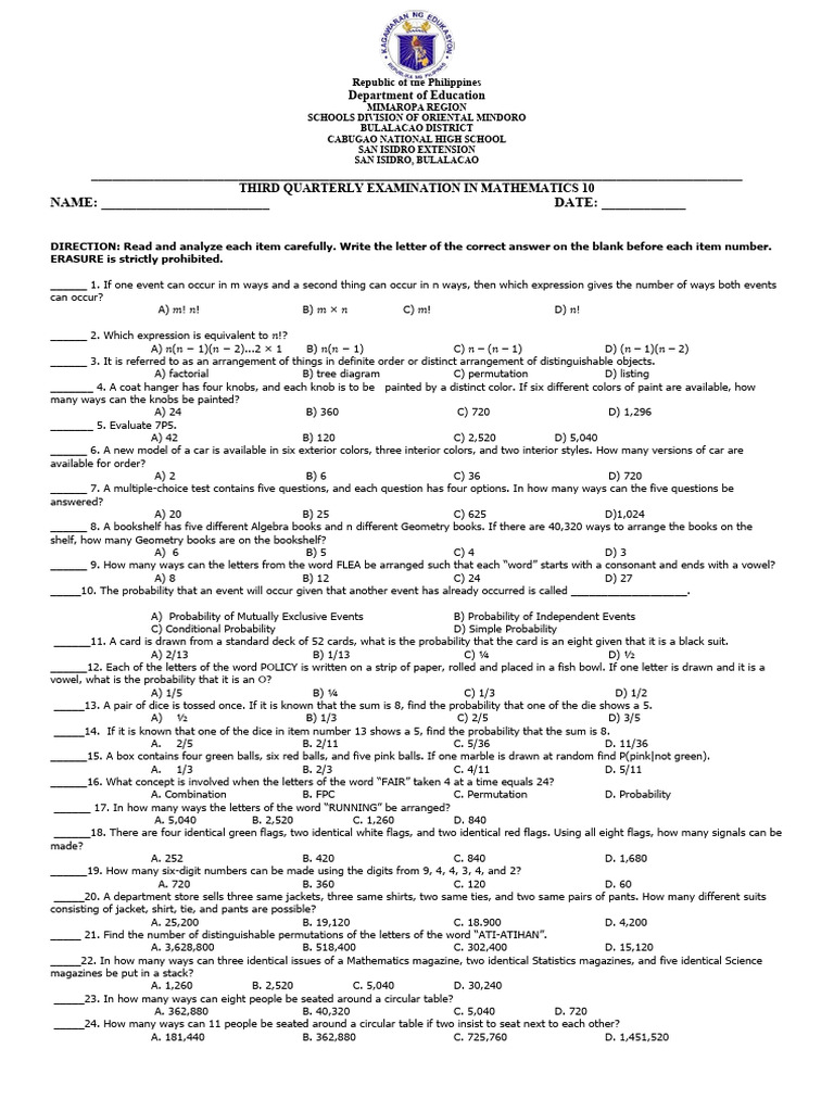Math Exam: Grade 10 Quarterly Test | PDF | Probability | Mathematics