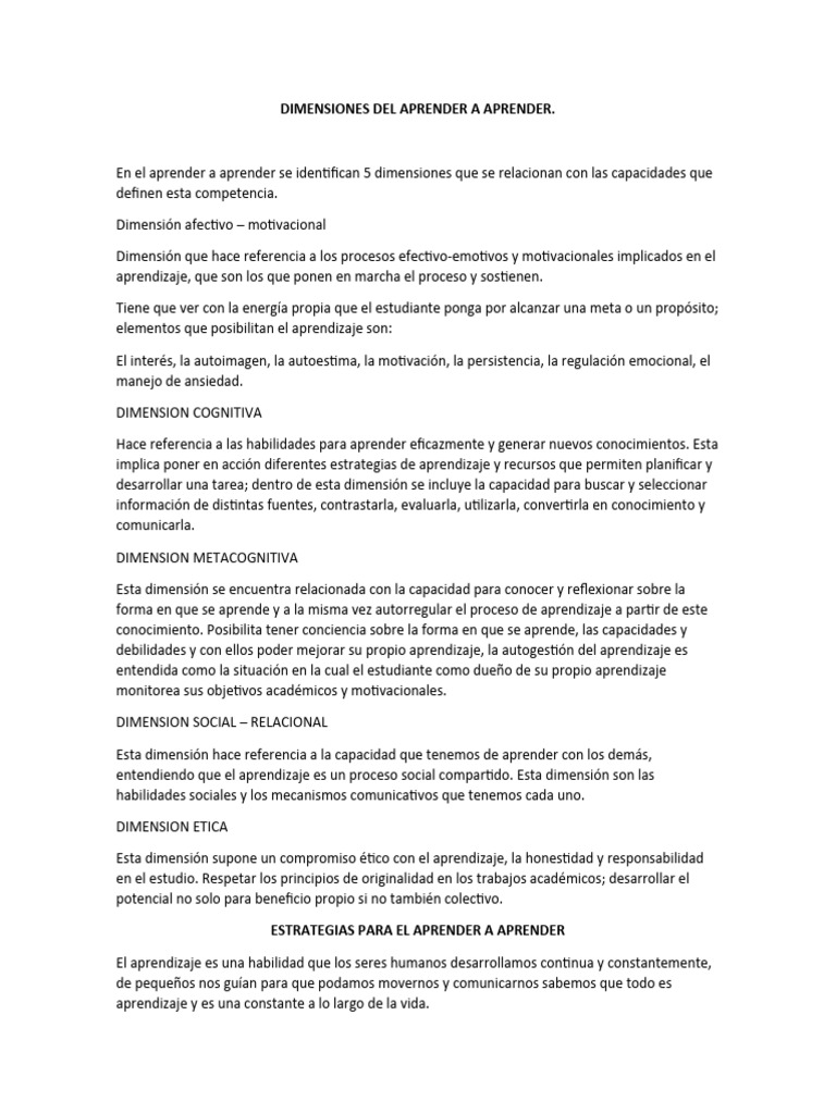 Dimensiones Del Aprender A Aprender Melissa | PDF | Aprendizaje | Las emociones