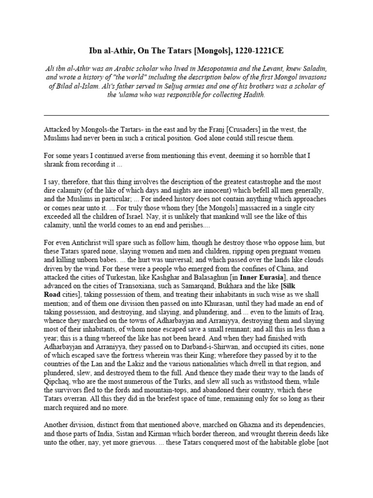 Ibn Al-Athir On The Tatars | PDF