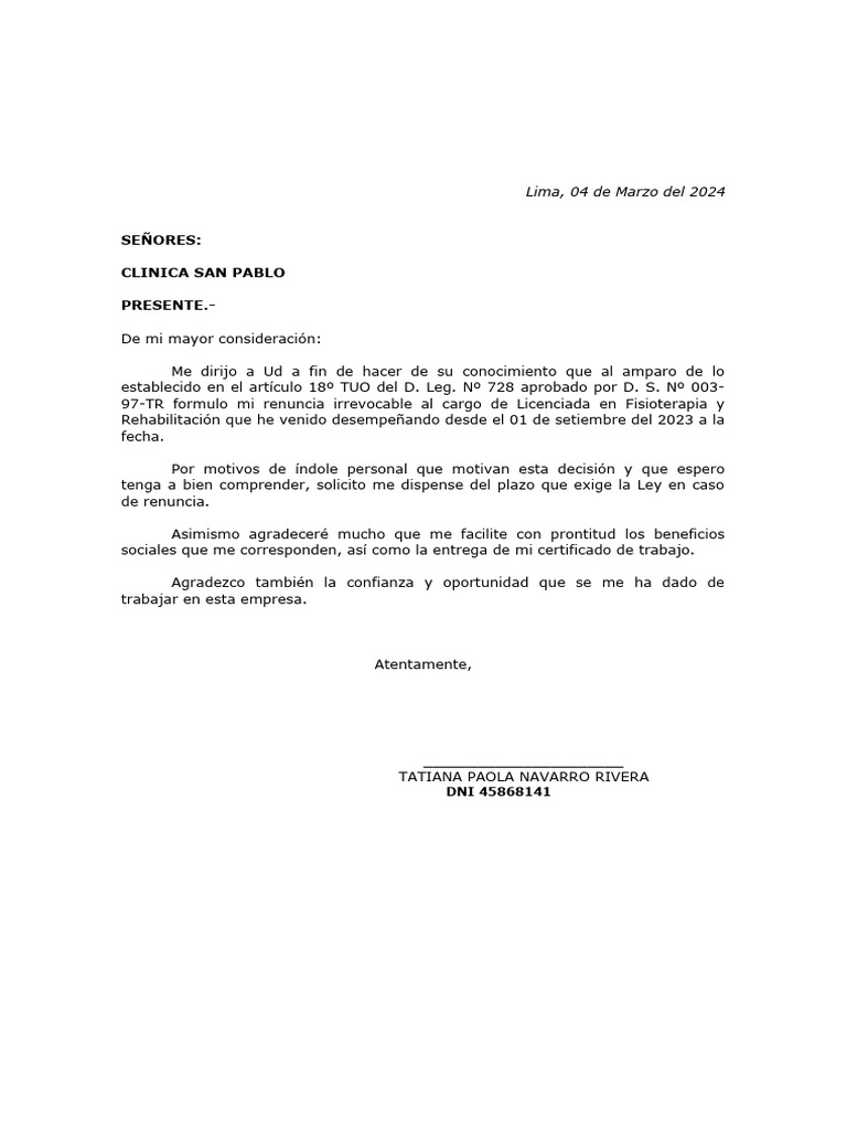 Modelo de Carta de Renuncia - Doc 111 | PDF
