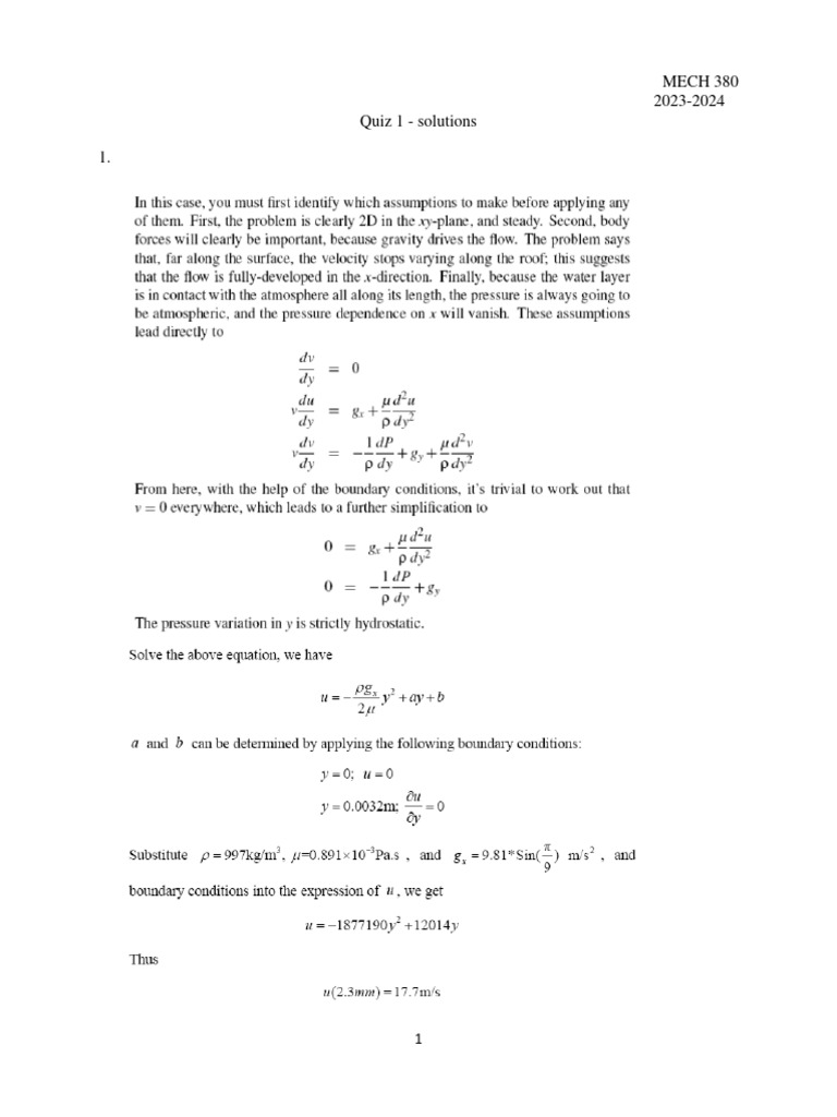 MECH380 - Take Home Quiz - 1 - Solution | PDF | Fluid Dynamics | Applied And Interdisciplinary ...