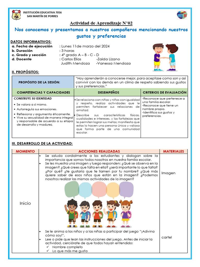Sesion de Aprendizaje 2 Nos Conocemos y Presentamos | PDF | Aprendizaje ...