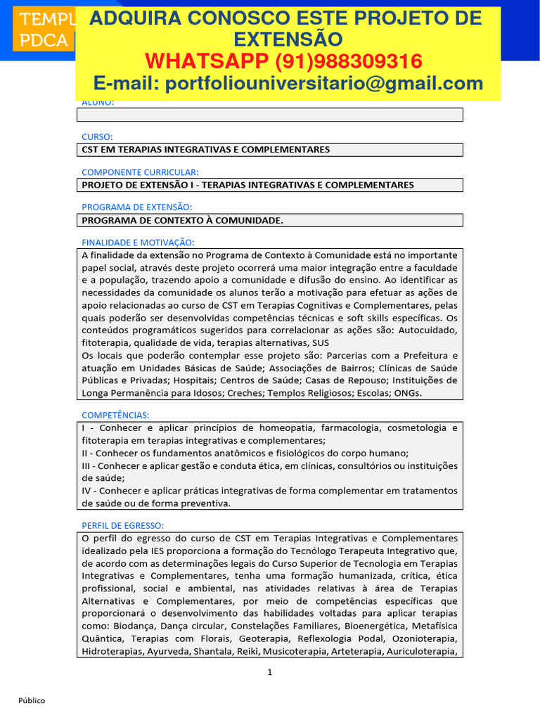 Projeto de Extensão I - Terapias Integrativas e Complementares | PDF