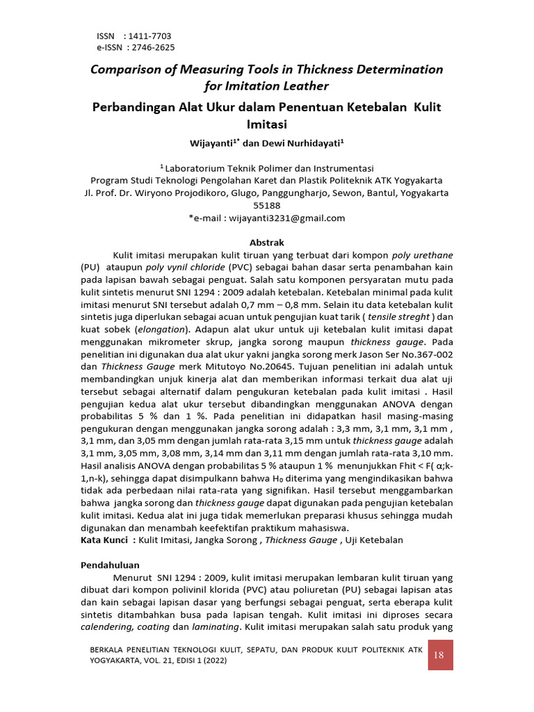 Perbandingan Alat Ukur Dalam Penentuan Ketebalan Kulit Imitasi | PDF