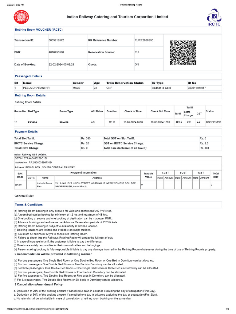 IRCTC Retiring Room Booking Details | PDF | Government Finances | Taxes