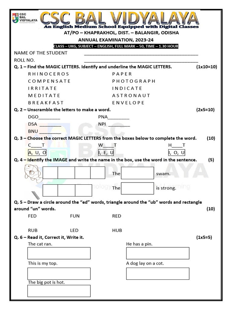 UKG English Exam Paper 2023-24 | PDF | Language Arts & Discipline ...