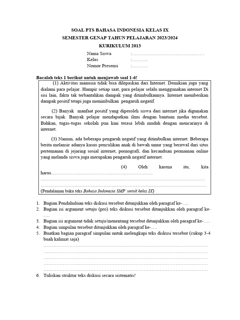 Soal PTS Bahasa Indonesia Kelas Ix | PDF | Game & Aktivitas