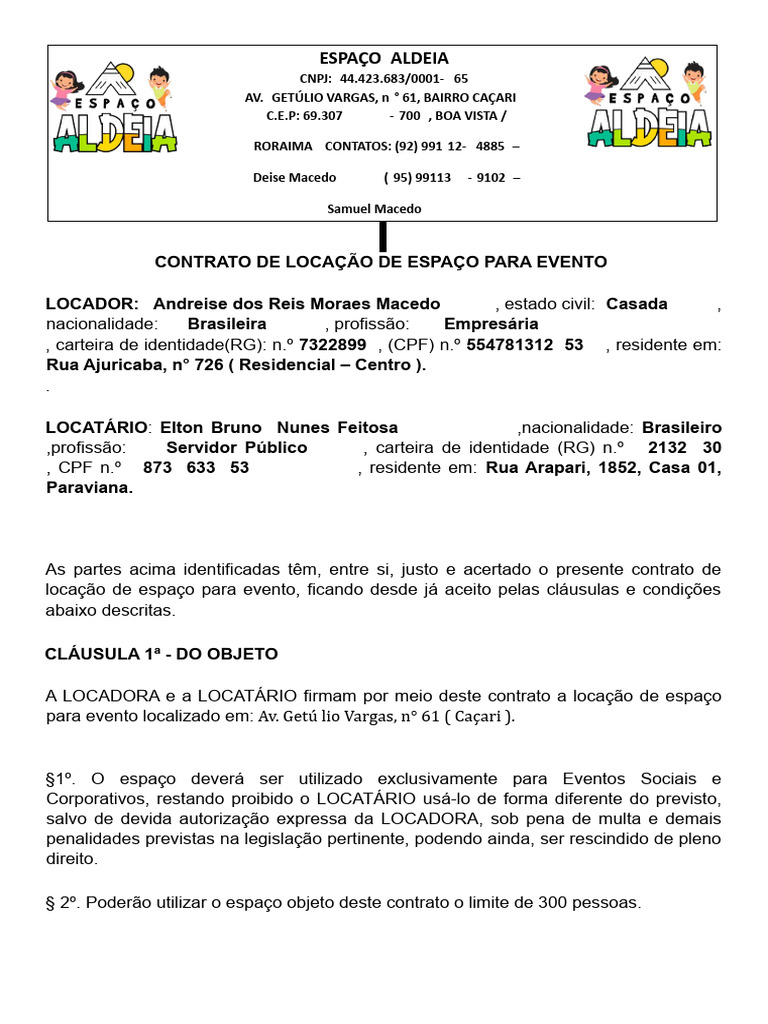 Contrato de Locação - Espaço Aldeia Eventos RR | PDF | Indenização ...