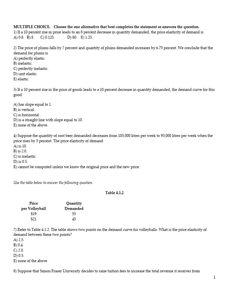 Price Elasticity of Demand Quiz | PDF | Demand | Elasticity (Economics)