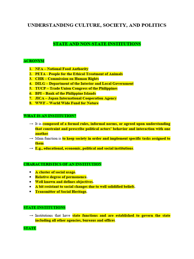 Understanding Culture, Society, and Politics (State and Non-State ...